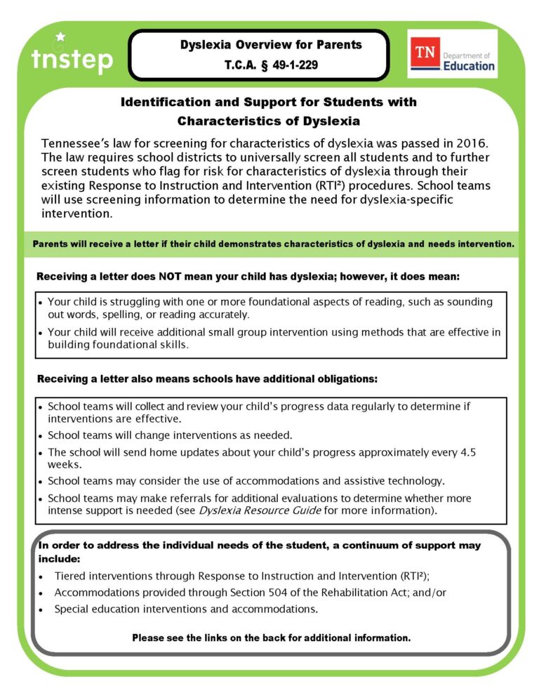 Dyslexia Overview for Parents Information Sheet • TNSTEP