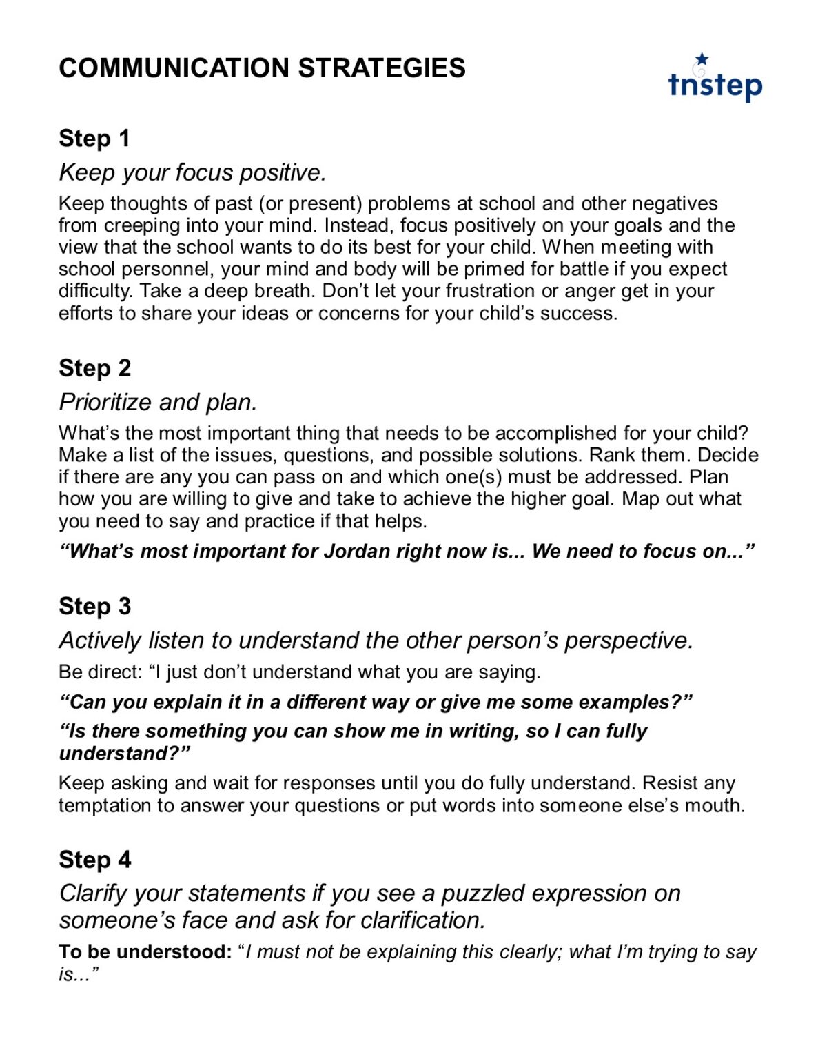 Communication Strategies Sheet • TNSTEP