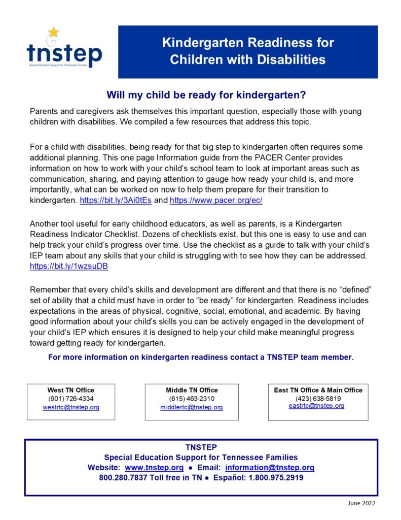 Kindergarten Readiness for Children with Disabilities • TNSTEP